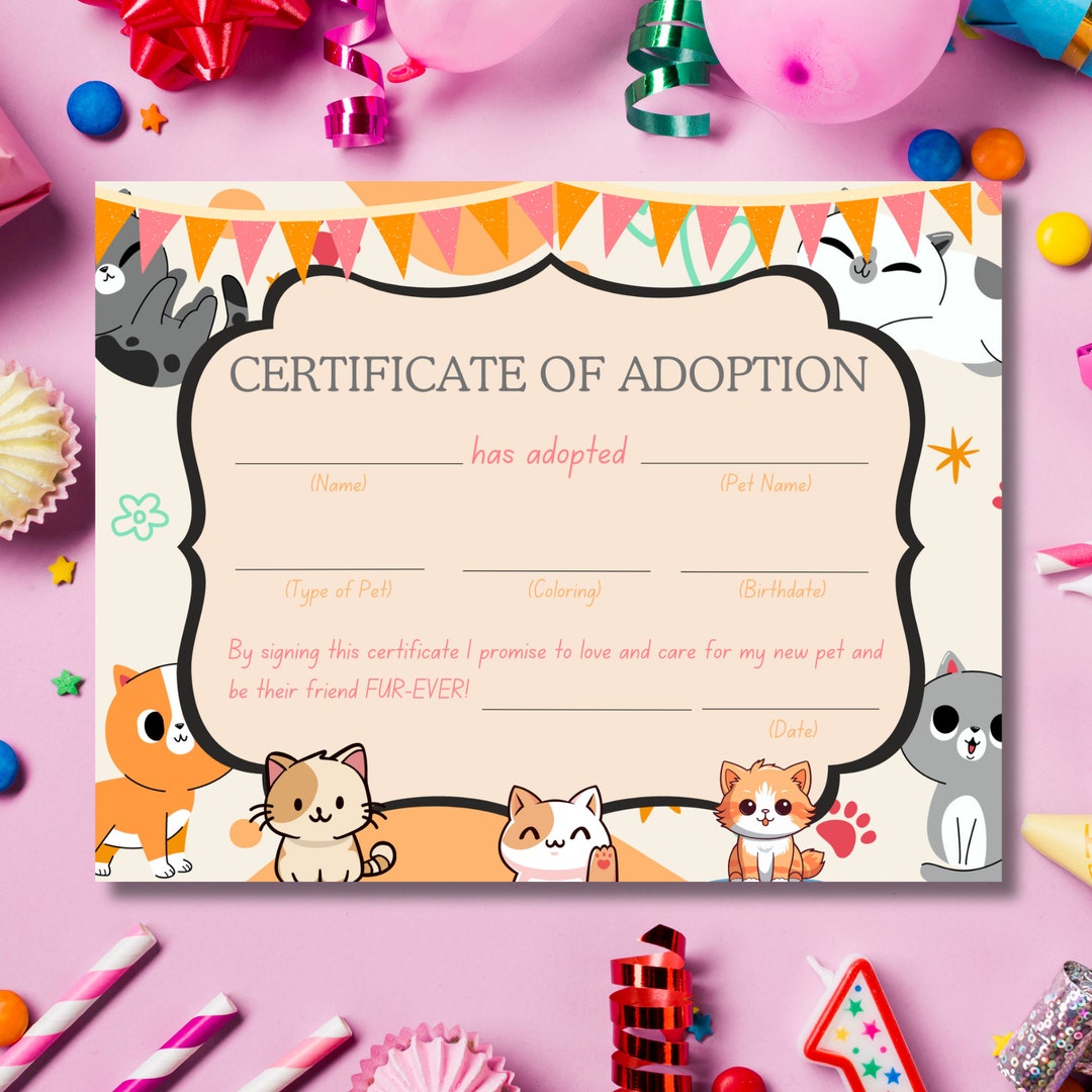 PRINTABLE Certificate of Adoption Kitty Cat Birthday Party PDF Download - Etsy