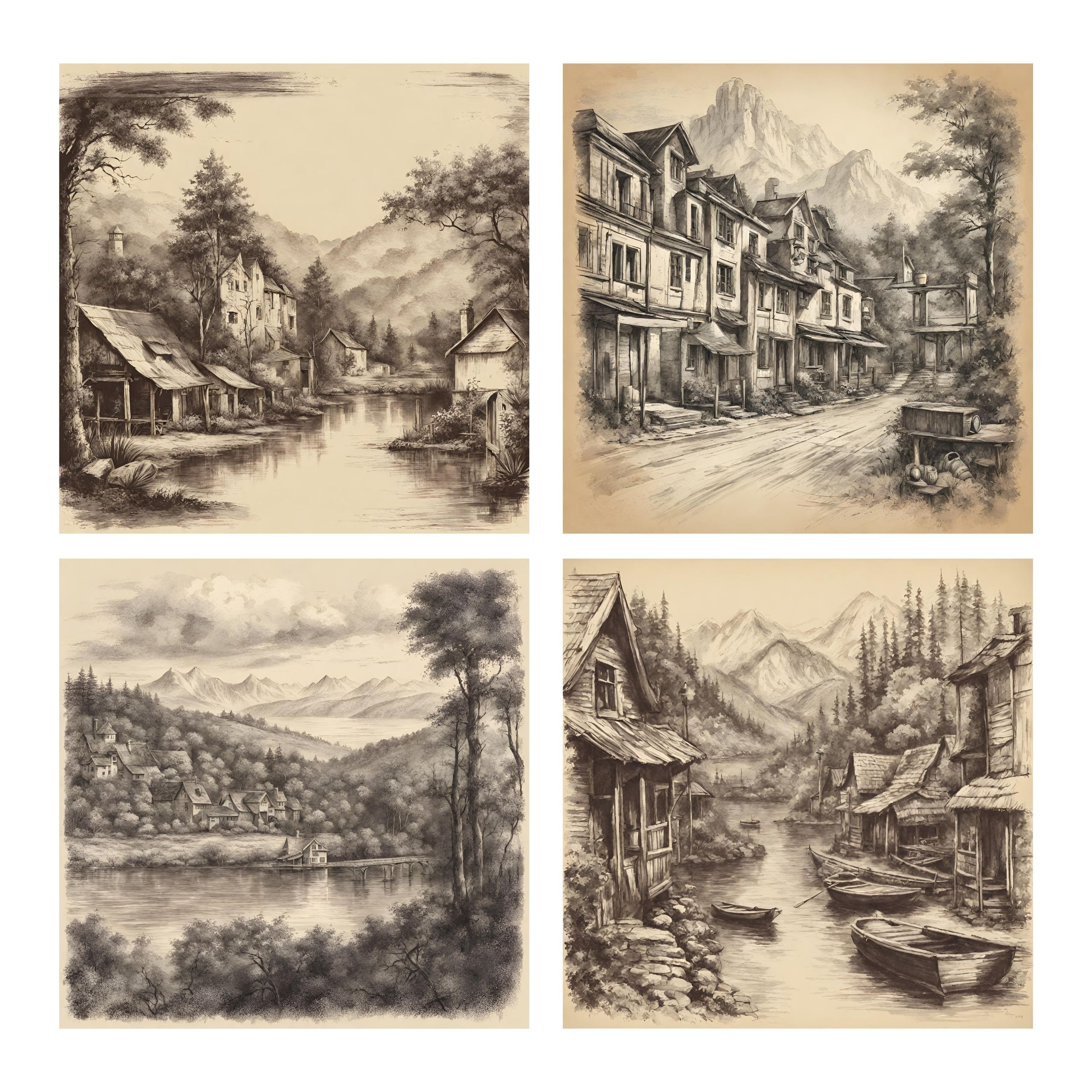 20 Vintage Pencil Drawing Landscape, Minimalist Sketched Mountain ...