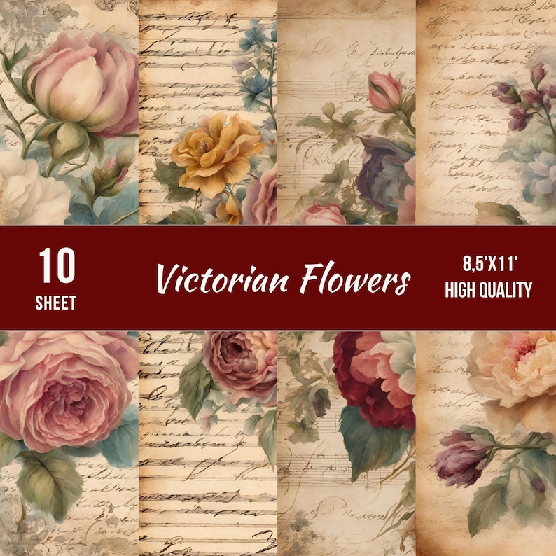 10 Victorian Flowers Digital Papers, Vintage Scrapbook Background Kit ...
