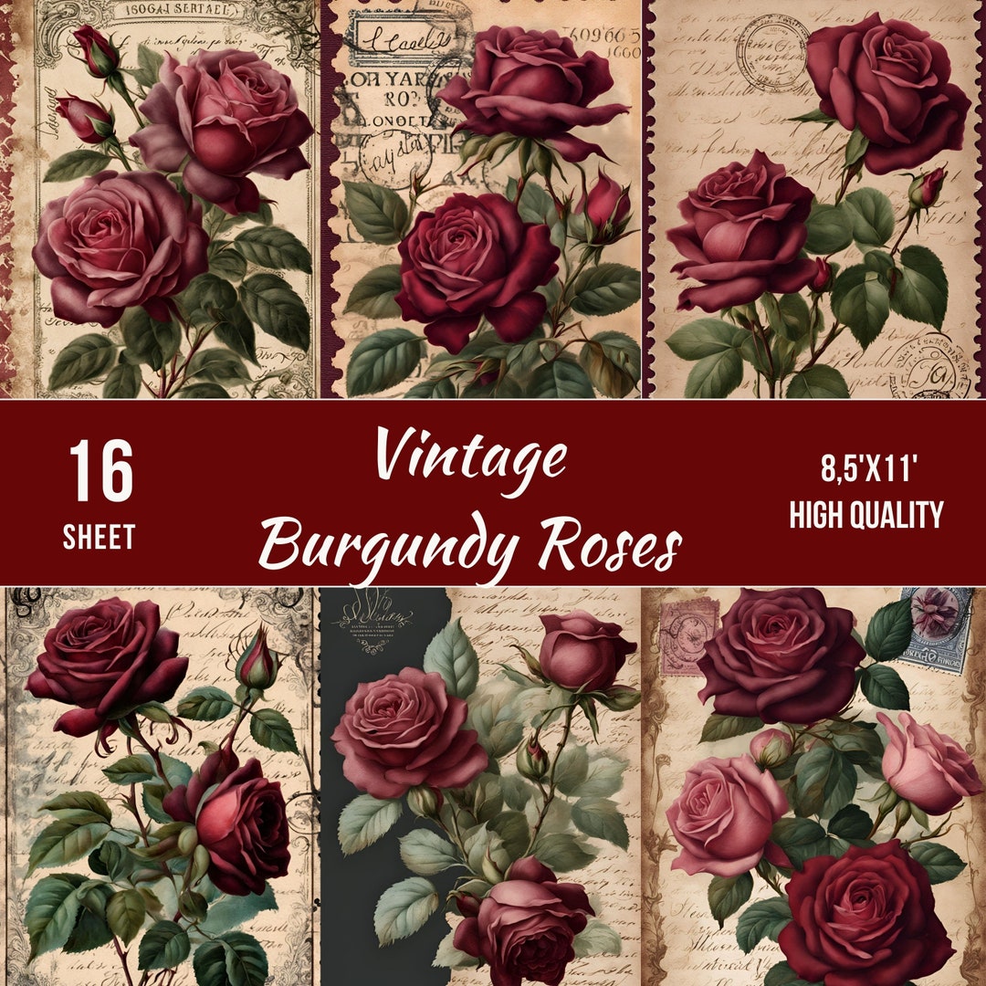 Burgundy Floral Digital Paper, Burgundy Shabby Chic Pages for Scrapbook ...