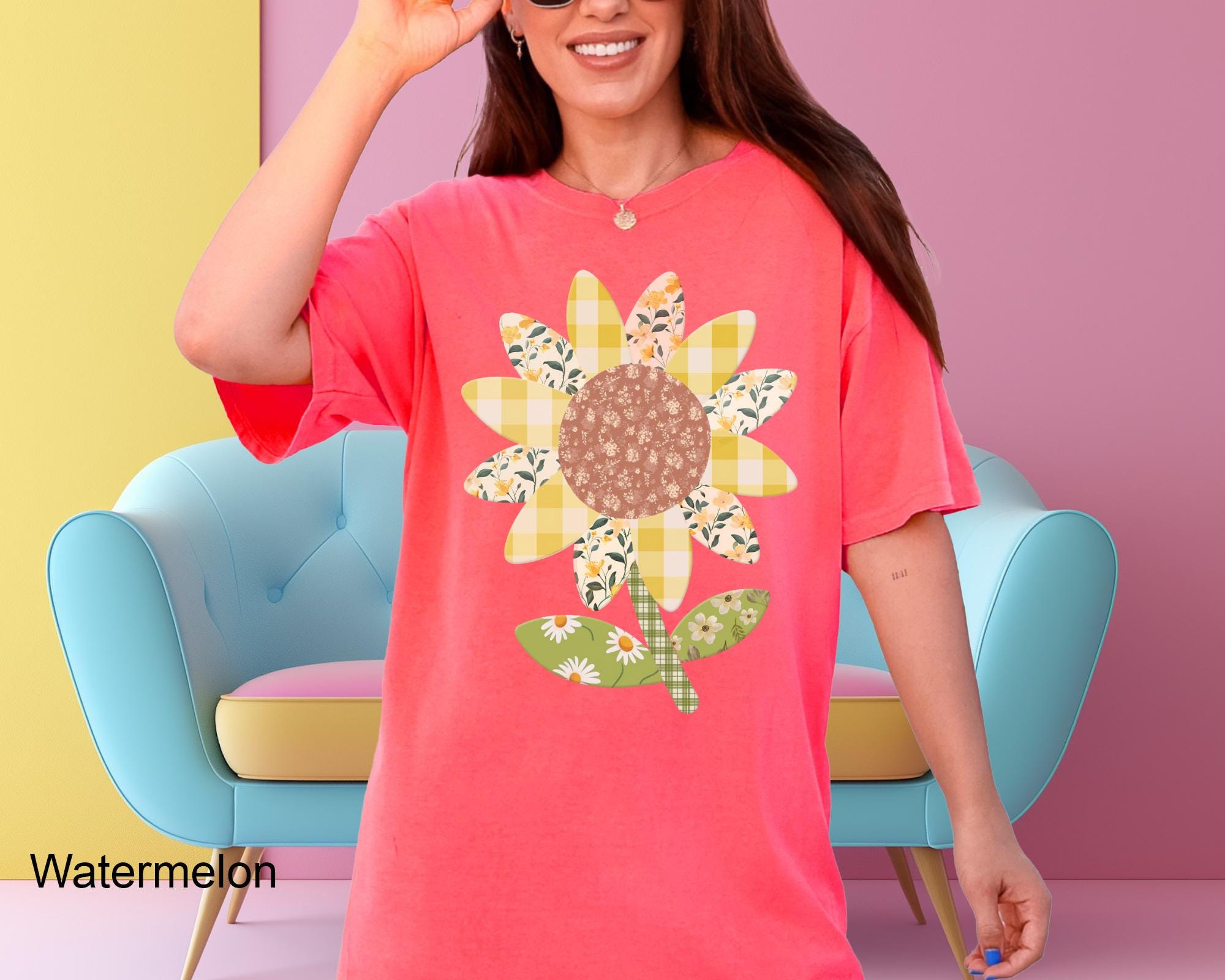 Sunflower Shirt, Floral Tee Shirt, Flower Shirt,patchwork Look, Womens ...