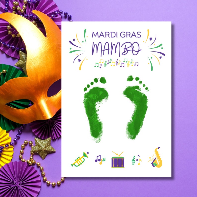 Mardi Gras Mambo Kids Footprint Art Project - Printable Purple, Green ...