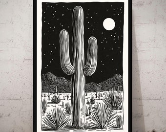 Saguaro Cactus Print Black Print Poster, Block Print, Minimalist ...