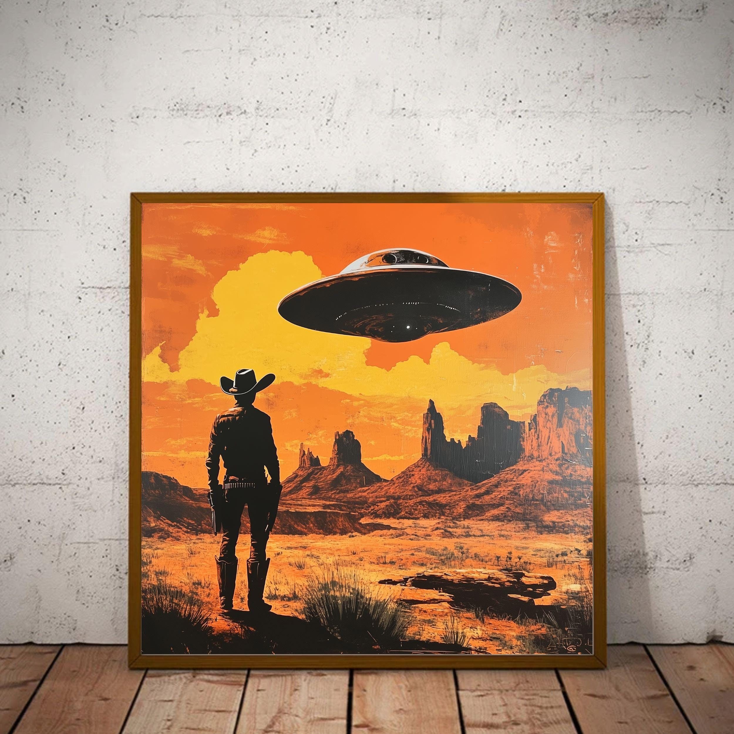 Mid Century Modern UFO Cowboy Print - Retro Sci-fi Western Art ...