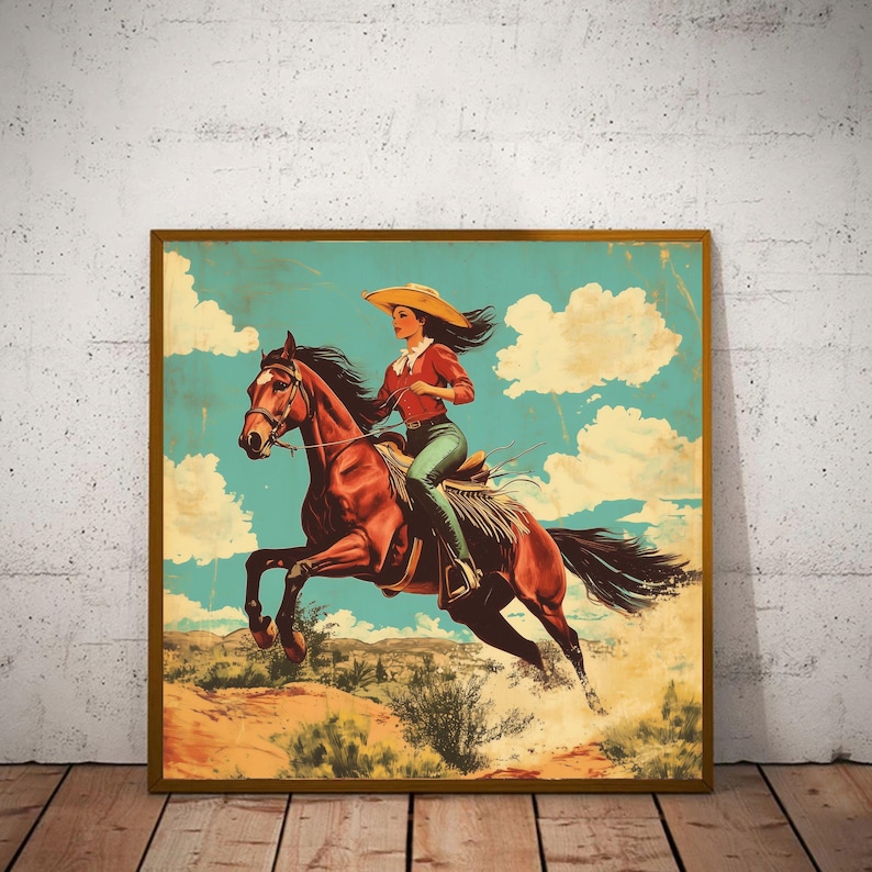 Retro Cowgirl Horseback Art Print - Vintage Western Wall Art - Mid ...