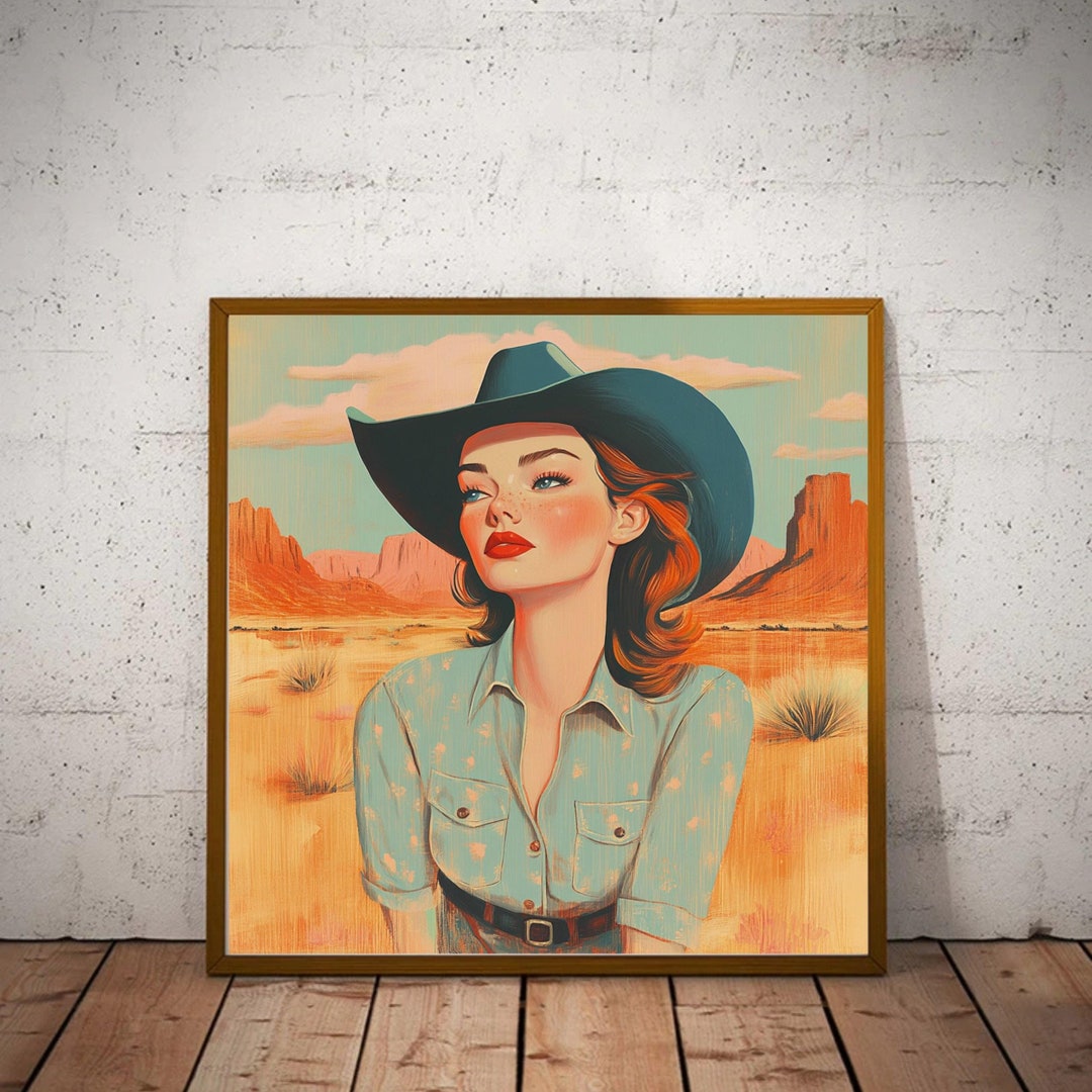 Vintage Cowgirl Art Print | Western Desert Wall Art | Mid-century ...