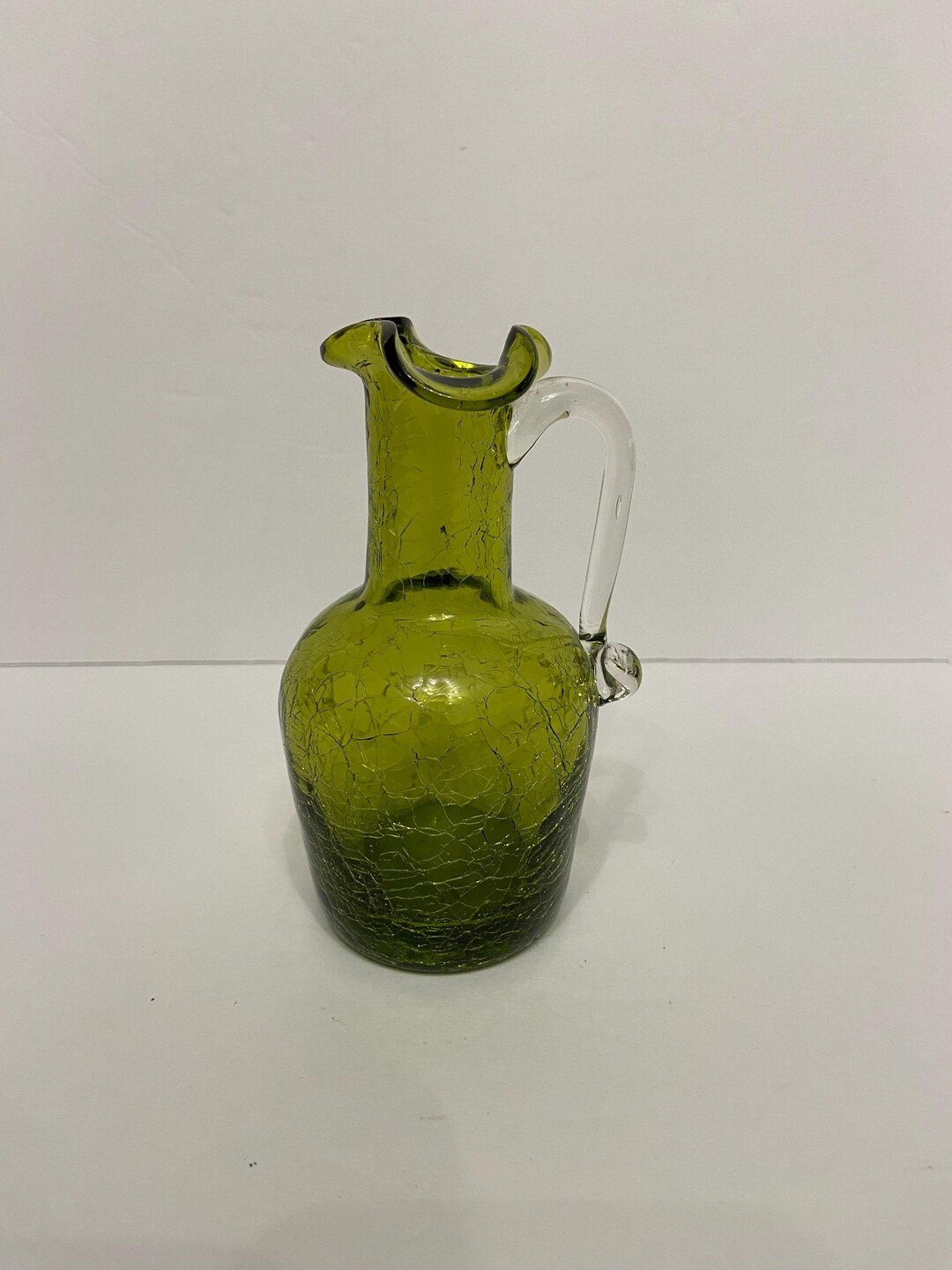VTG-BLENKO 5 Olive Green Crackle Glass Pilgrim Pitcher Bud Vase Hand ...