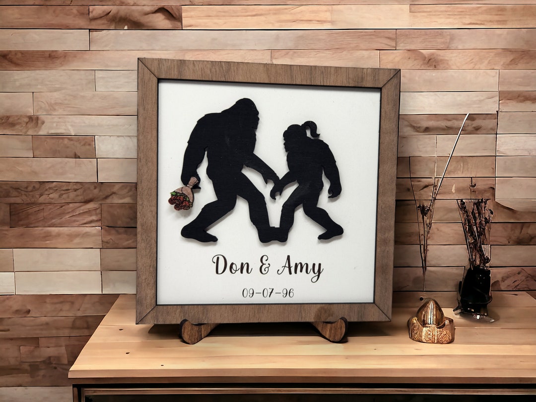 Personalized Bigfoot Couple Sign, Walnut Frame Anniversary Gift - Etsy