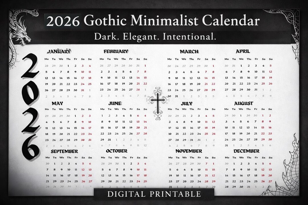 Gothic 2026 Calendar Printable | Minimalist Dark Yearly Wall Art ...