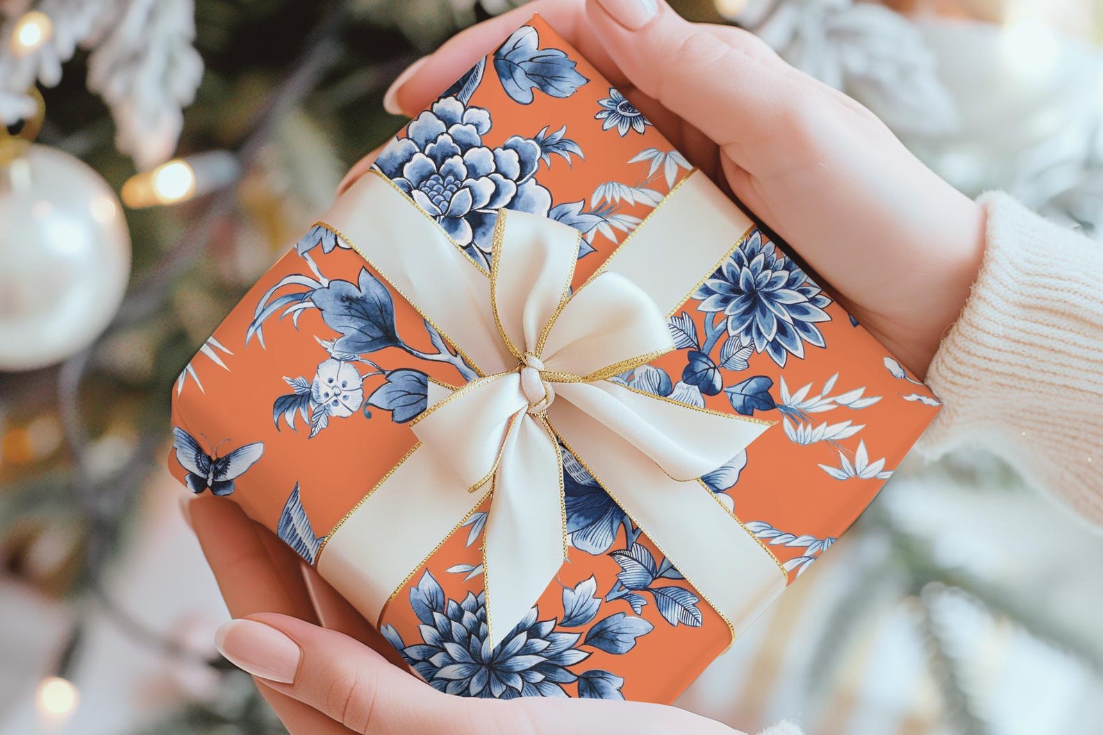 Romantic Floral Blue Chinoiserie Gift Wrap, Vintage-inspired, Regency ...