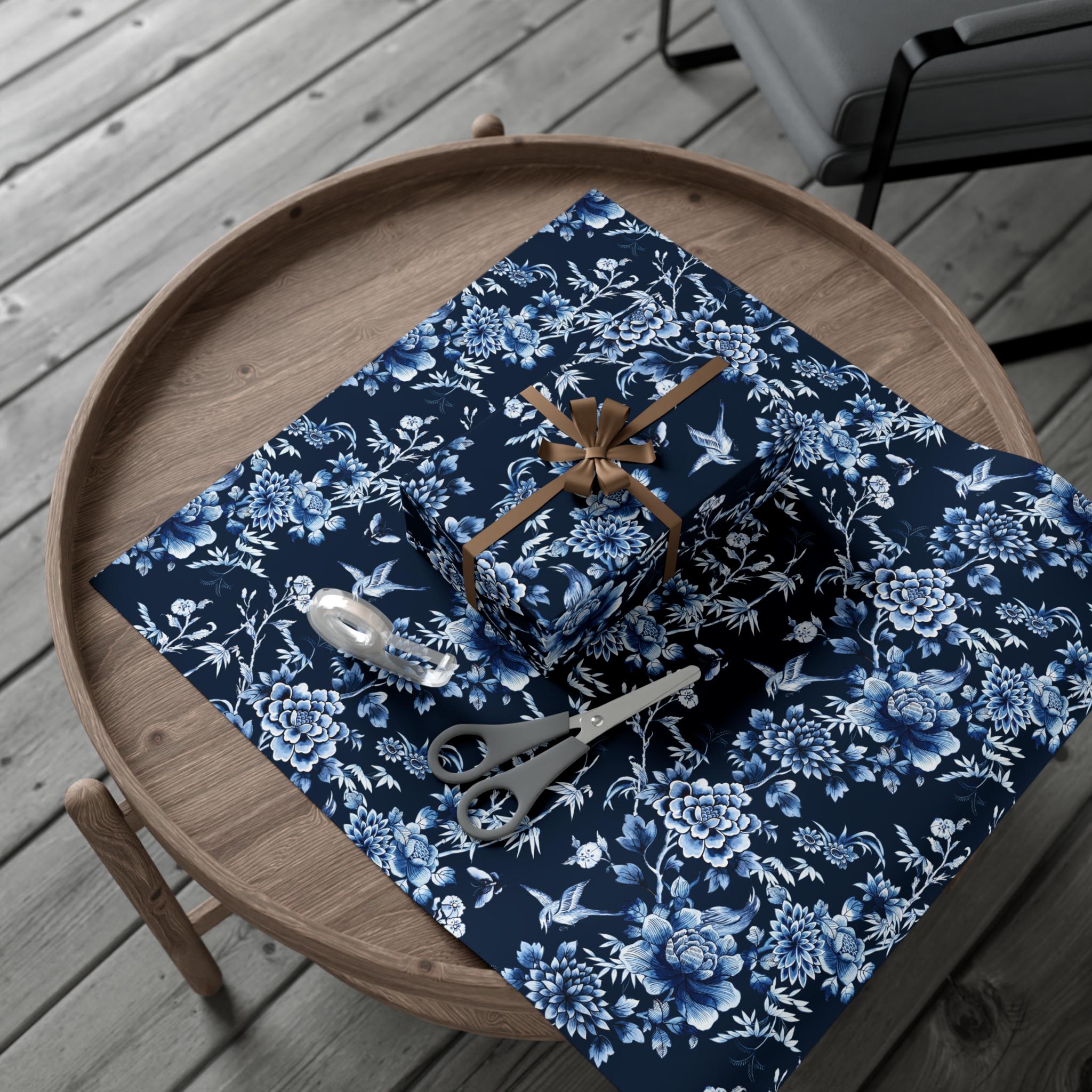 Romantic, Floral, Blue Chinoiserie Gift Wrap, Vintage-inspired, Regency ...