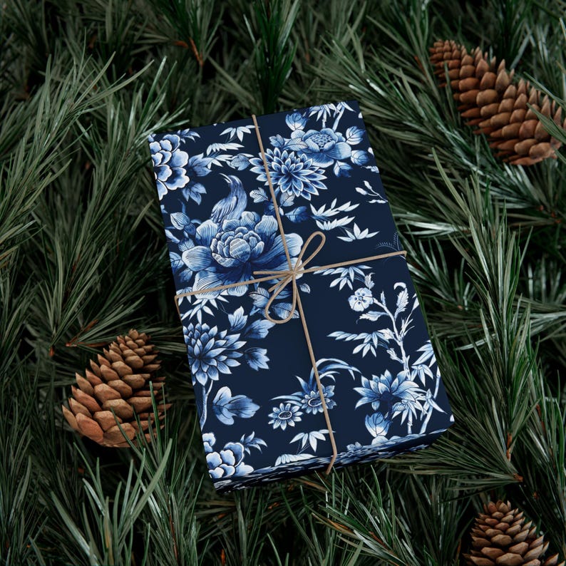 Romantic, Floral, Blue Chinoiserie Gift Wrap, Vintage-inspired, Regency ...