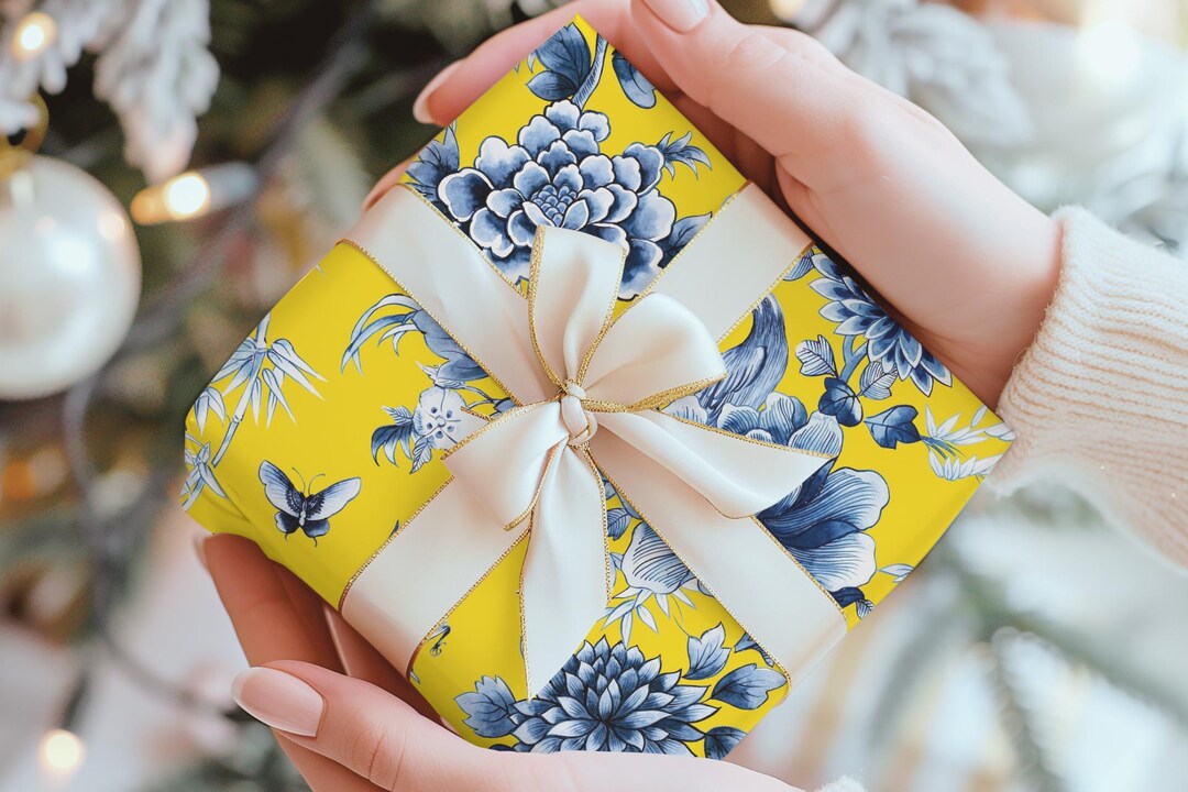 Romantic, Floral, Blue Chinoiserie Gift Wrap, Vintage-inspired, Regency ...