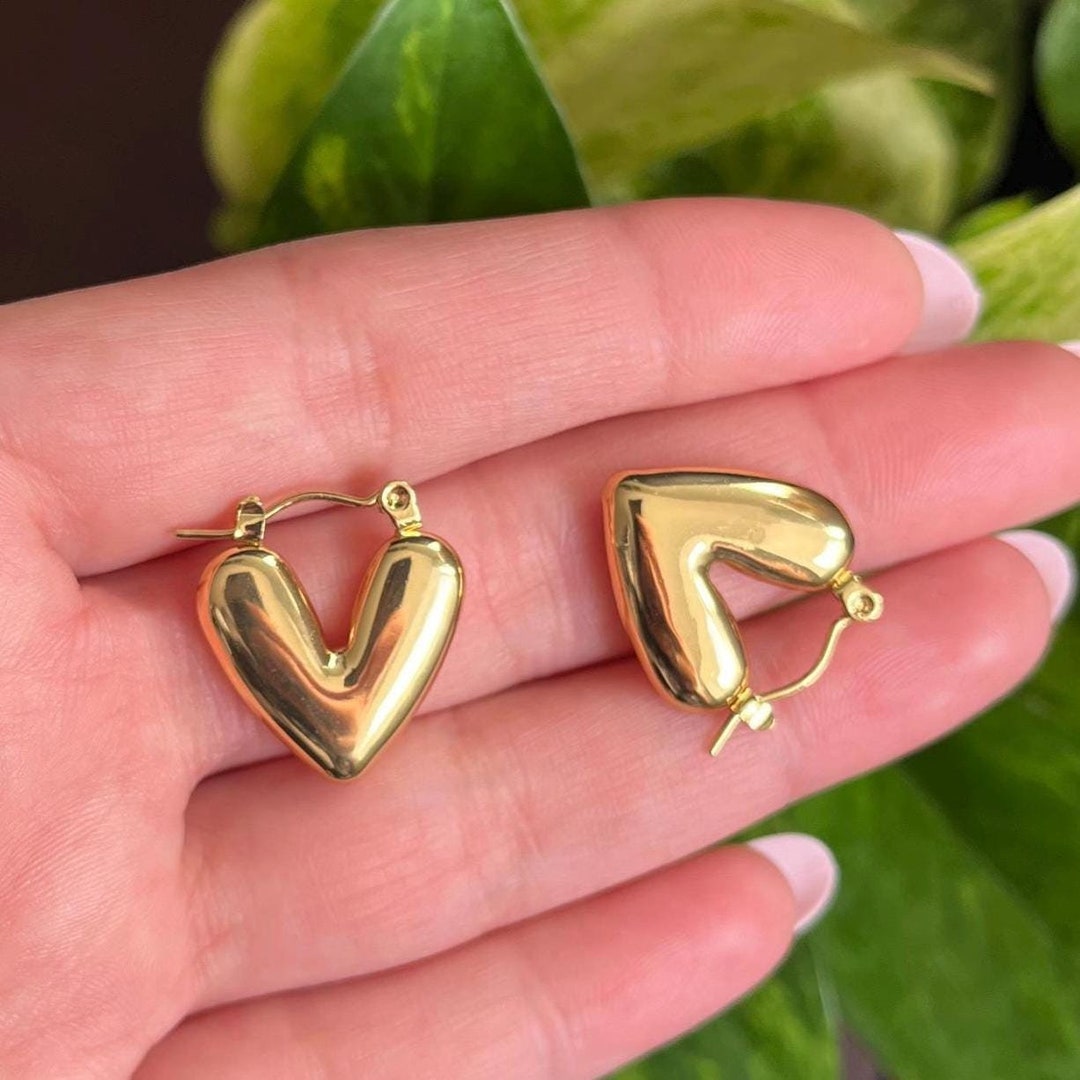 Heart Shape Hoops, Gold Chunky Heart Hoops, Stainless Steel Hoops ...