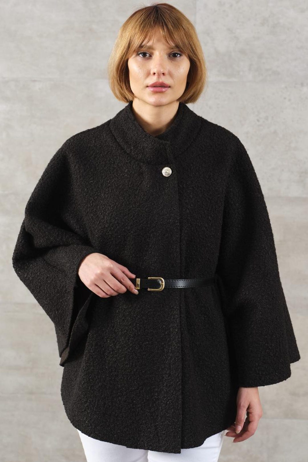Chic Black Boucle Poncho Belted Wrap Coat for Women Cozy and Stylish ...