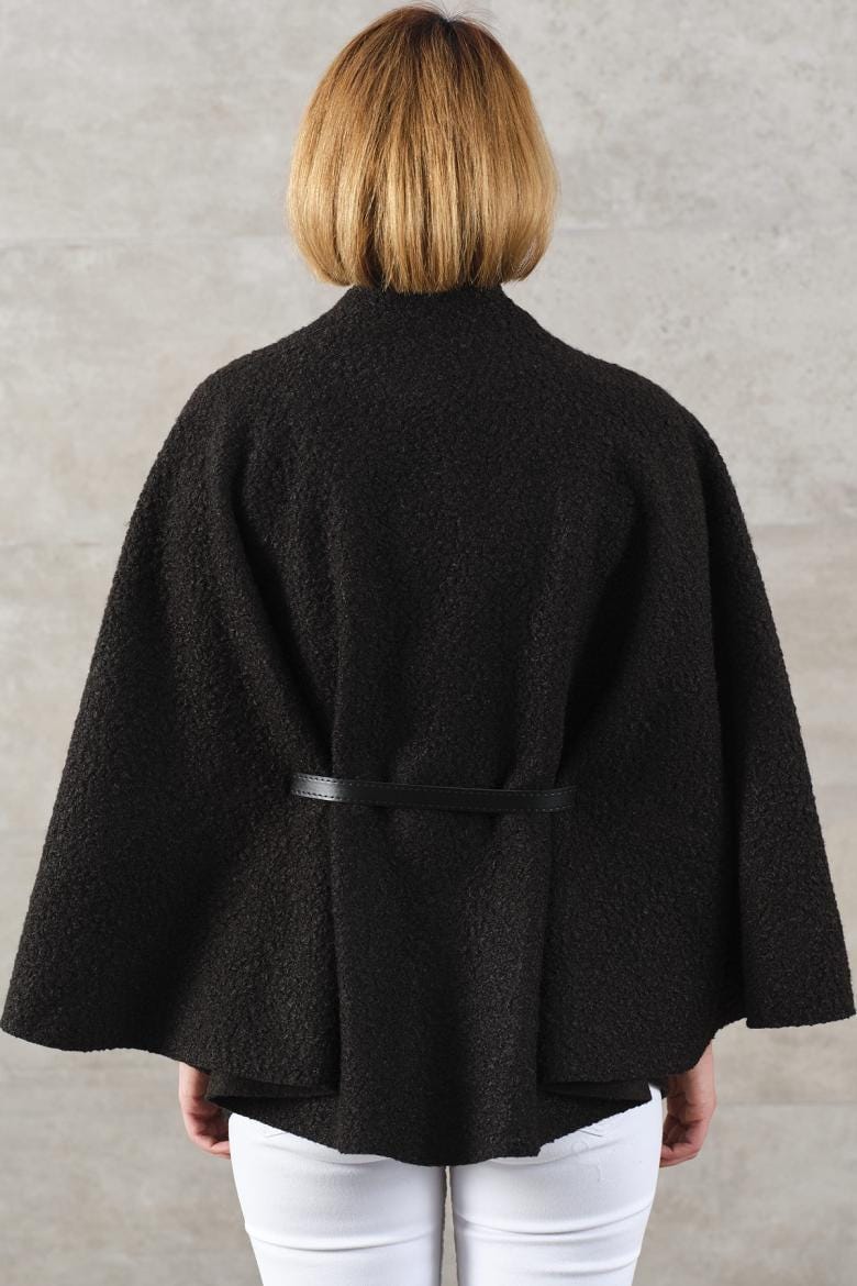 Chic Black Boucle Poncho Belted Wrap Coat for Women Cozy and Stylish ...