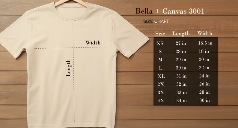 Unisex T-shirt Size Chart 3001 Mockup Bella Canvas Size Chart Women's ...