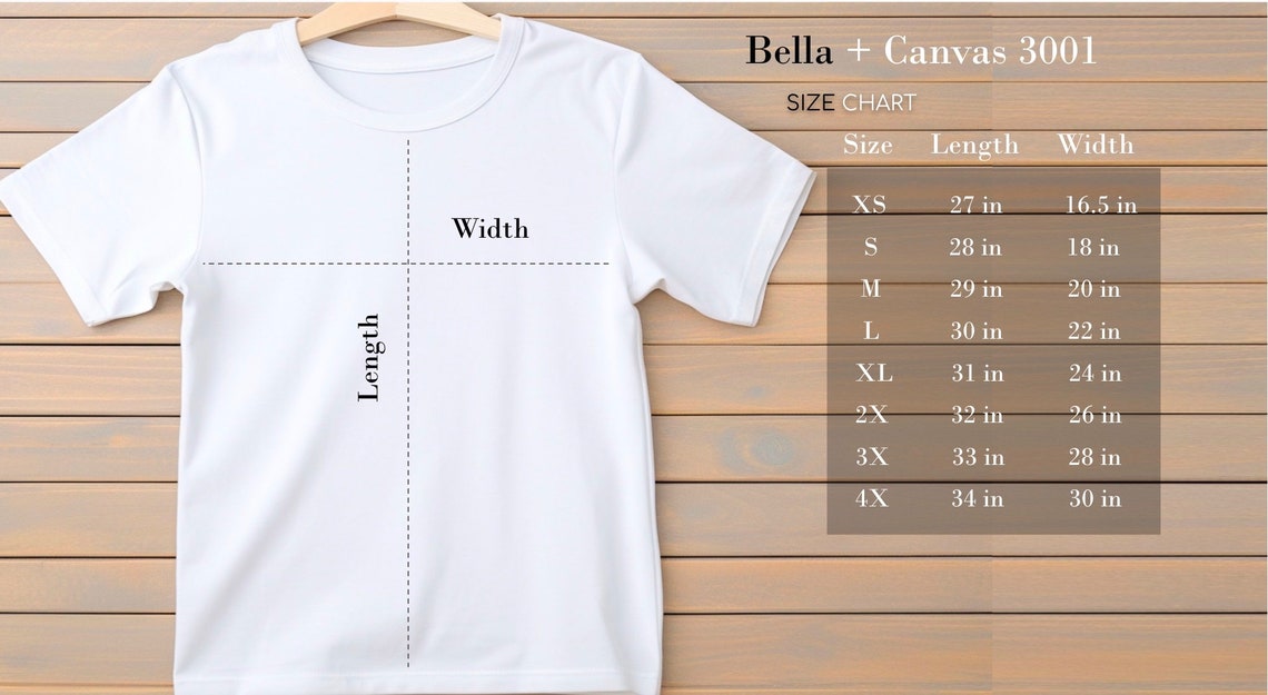 Unisex T-shirt Size Chart 3001 Mockup Bella Canvas Size Chart Women's ...