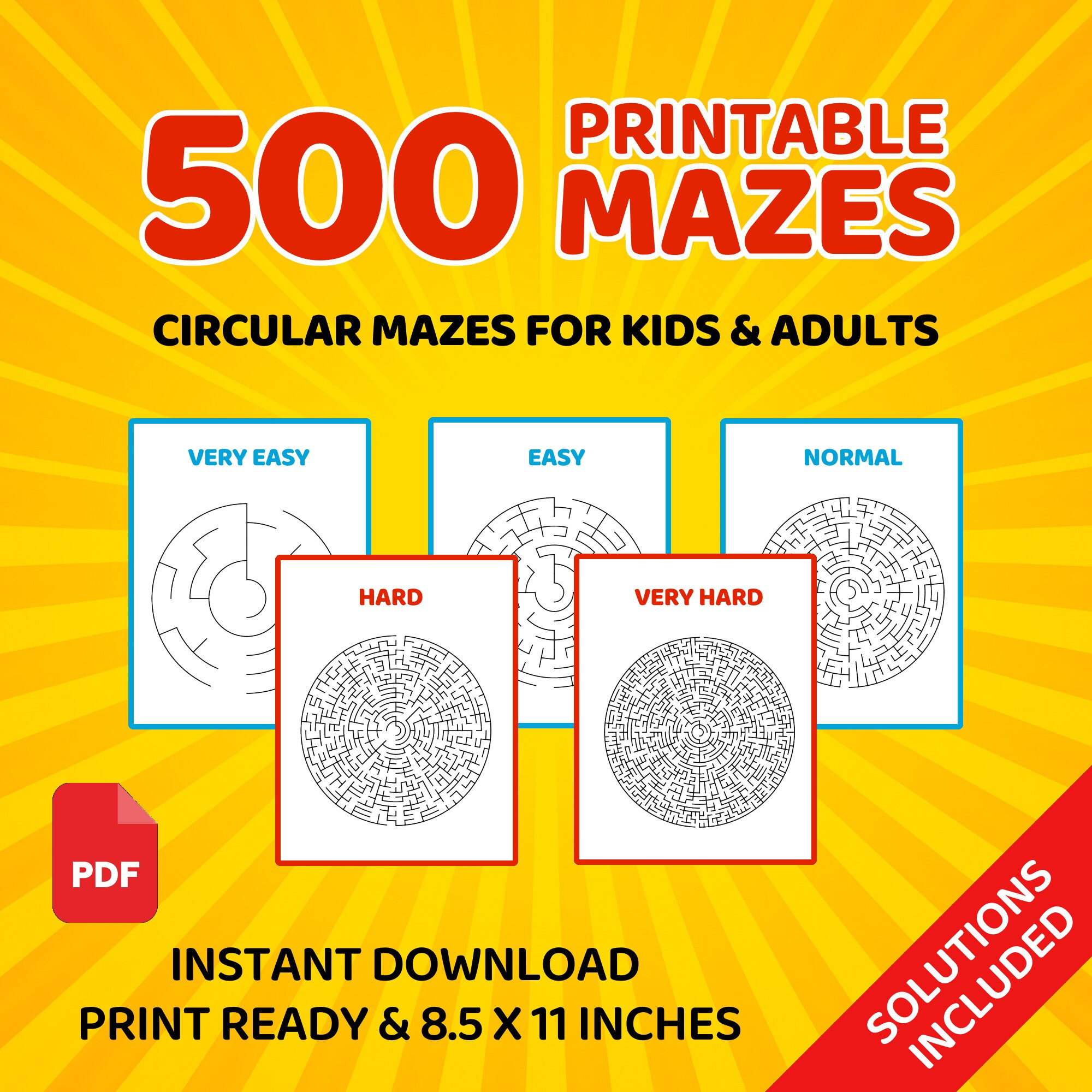 500 Printable Circular Mazes, for Kids & Adults, PDF Files, Maze Puzzle ...