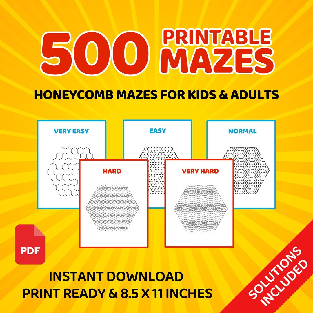 500 Printable Honeycomb Mazes, for Kids & Adults, PDF File, Maze Puzzle ...