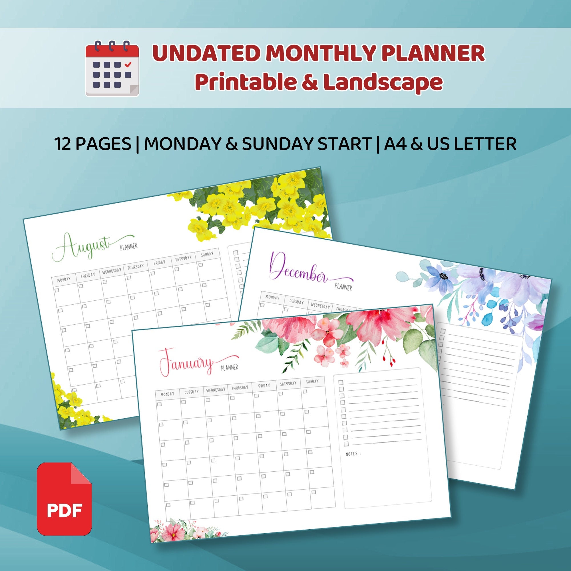 UNDATED Floral Landscape MONTHLY PLANNER – Digital Monthly Planner With ...