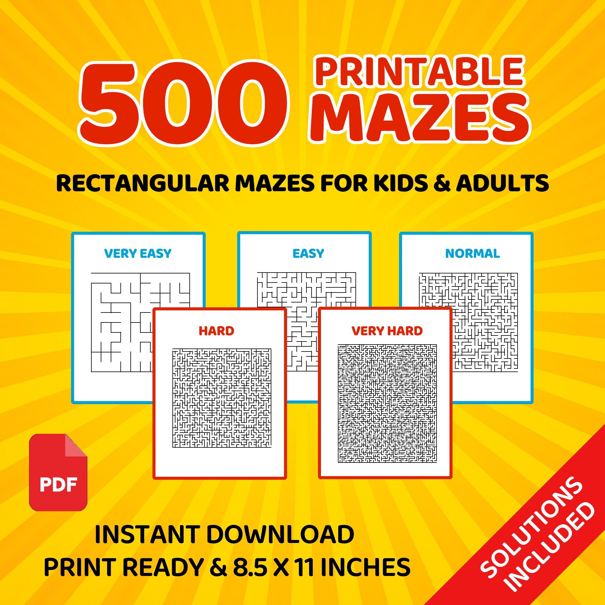 500 Printable Rectangular Mazes, for Kids & Adults, PDF Files, Maze ...