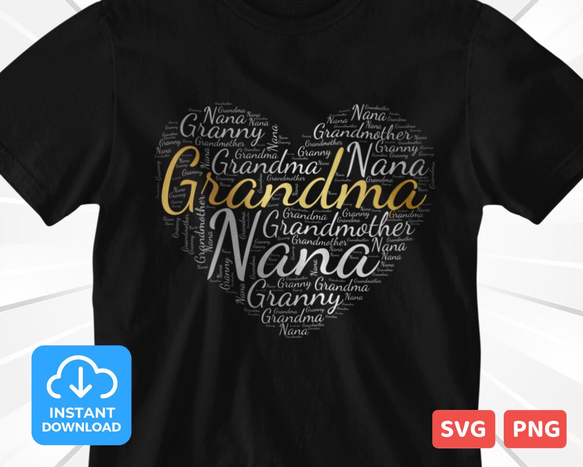 Grandmother Word Cloud Art, Heart Shape, Gold/silver (SVG, PNG) - Etsy