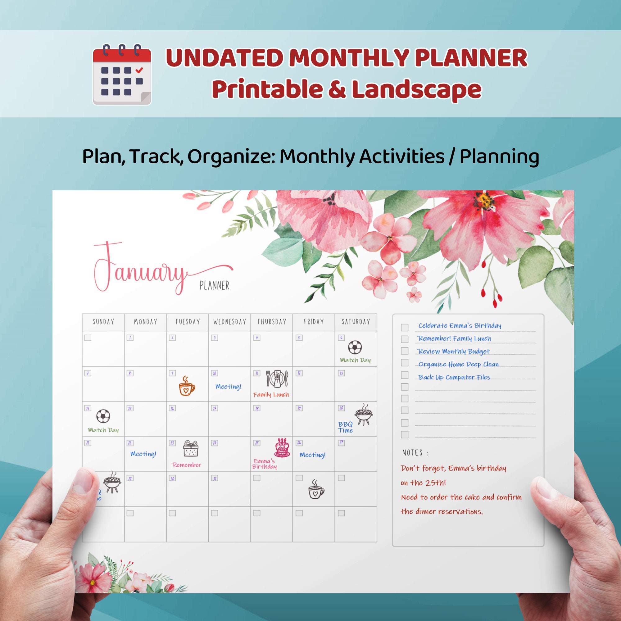 UNDATED Floral Landscape MONTHLY PLANNER – Digital Monthly Planner With ...