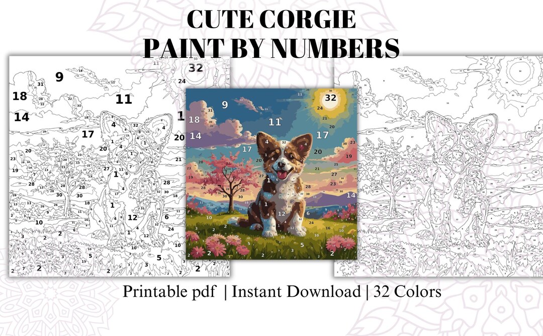 Cute Corgie | Dog Printable Paint by Numbers Adult Coloring Page | PDF ...