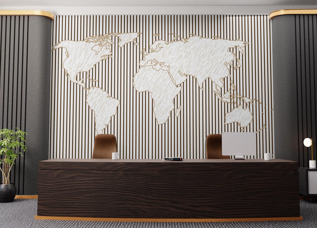 Striped World Map Wallpaper Mural Sketched World Map Wall Covering for ...