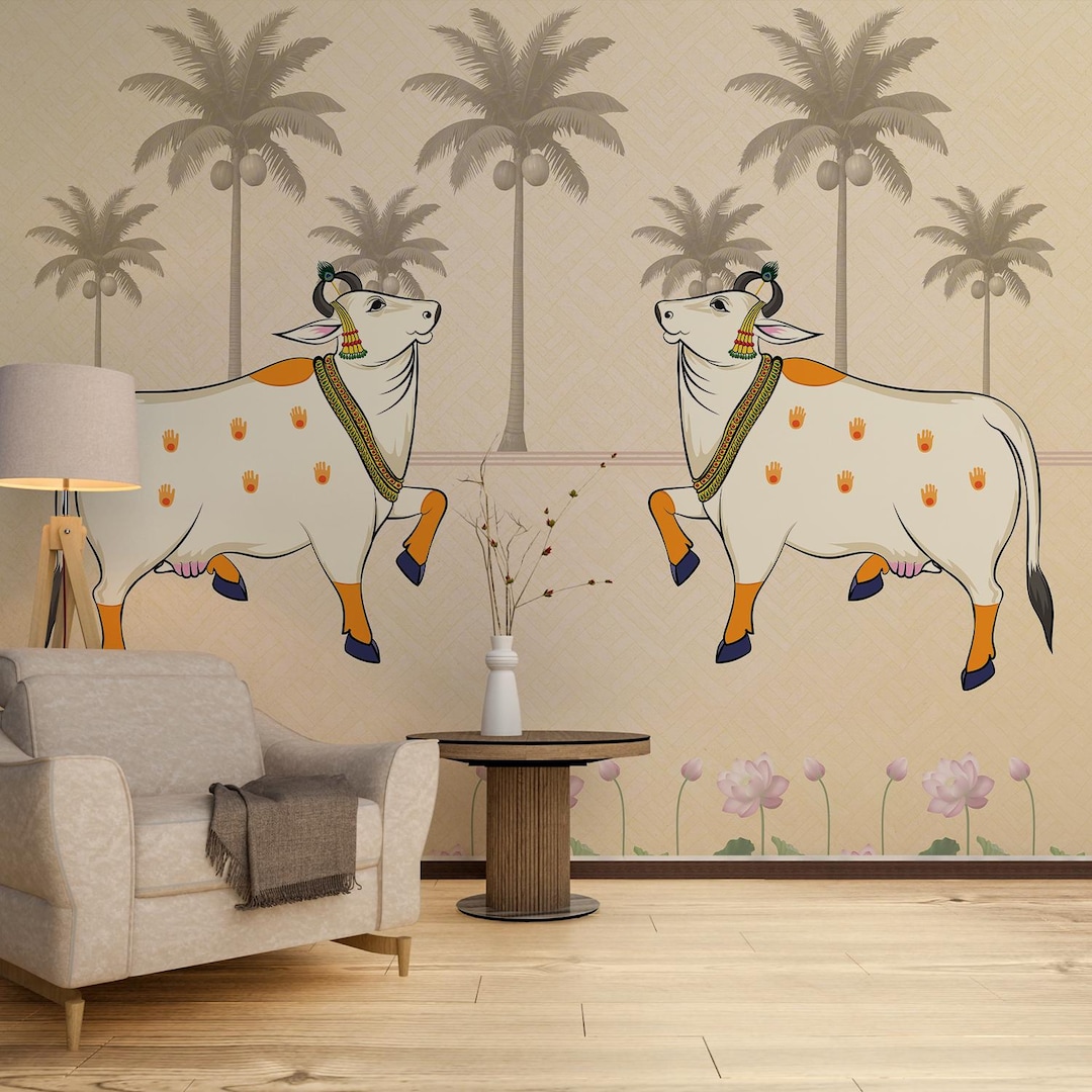 Pichwai Cow Wallpaper - Traditional South Indian Style Mural for Wall ...