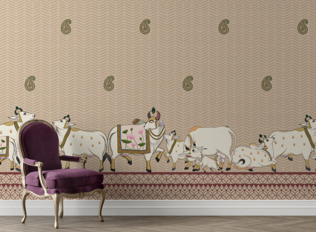 Indian Pichwai Cow Wallpaper Wall Mural for Temple Room, Ethnic Pichwai ...
