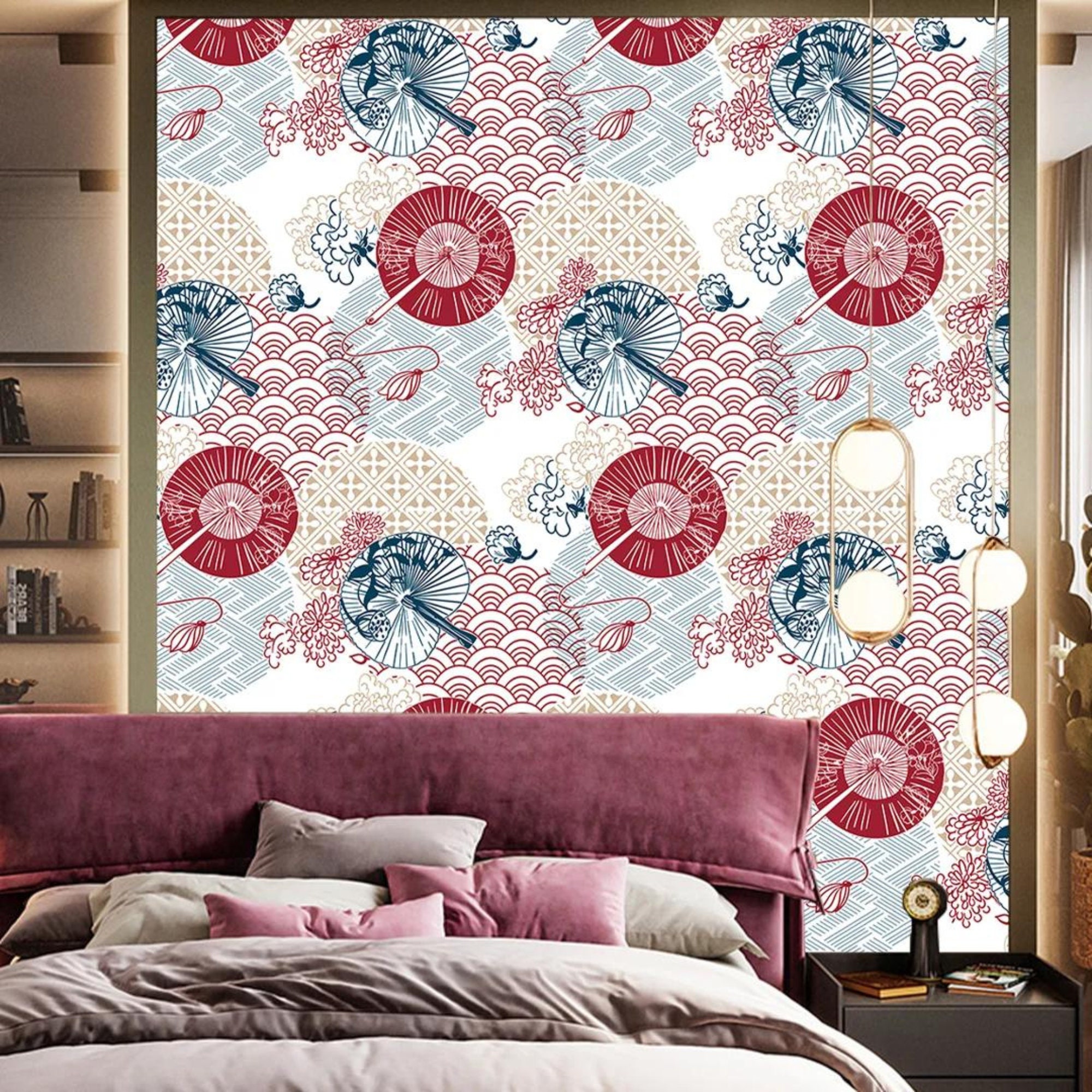 Japanese Chinese Red Blue Fans Flower Wallpaper Japanese Chinese Flower ...