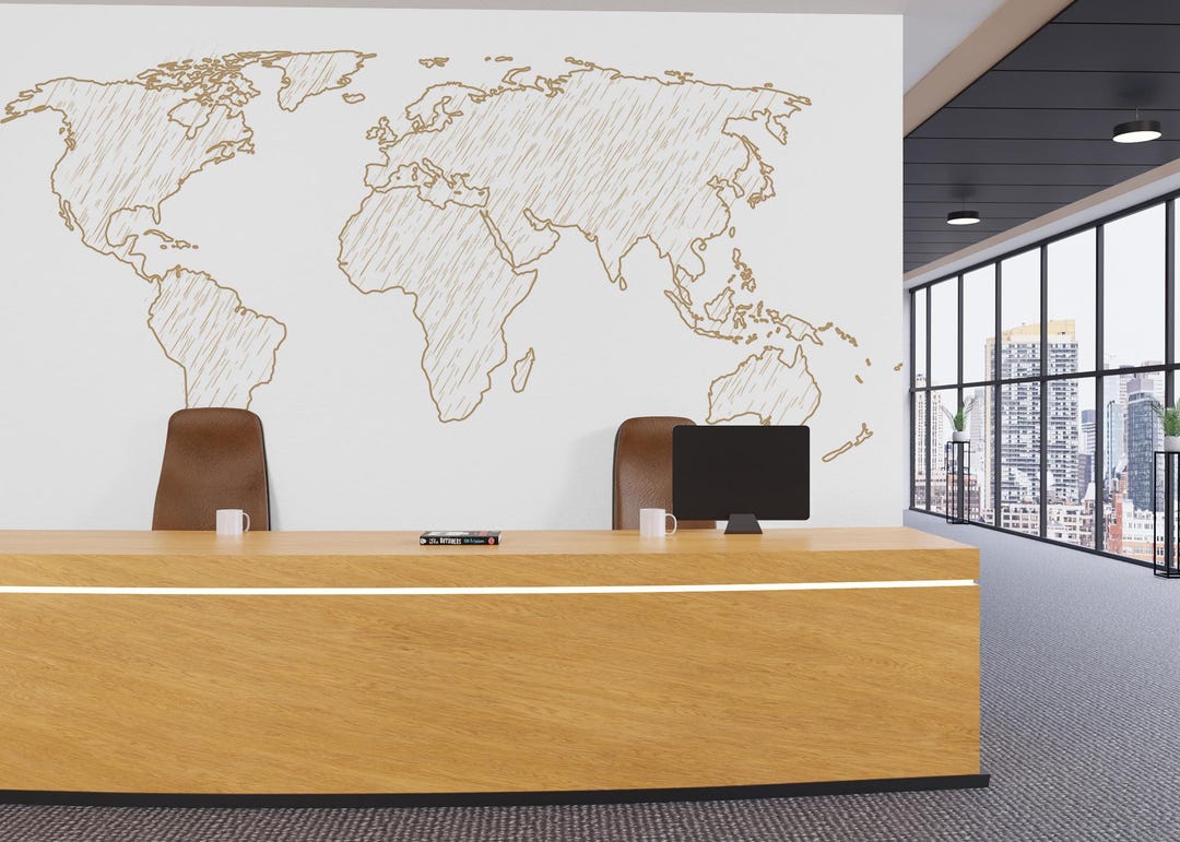 Sketched World Map Wallpaper Mural – Unique World Map Wall Covering for ...