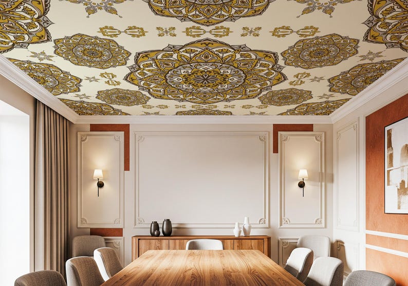 Mustard Gold Mandala Ceiling Wallpaper | Boho Ornamental Medallion ...