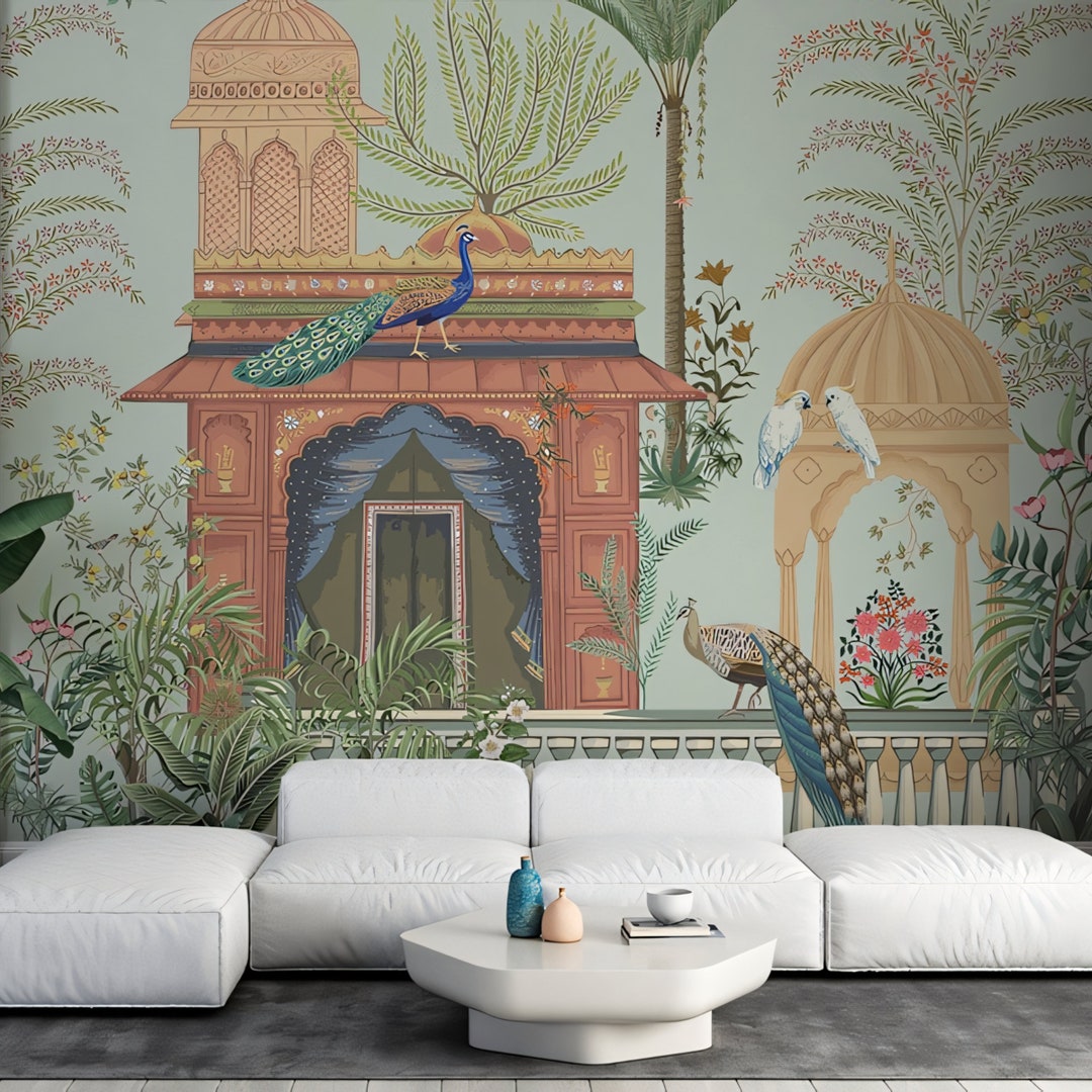 Ethnic Indian Garden Archway Palace Peacock Wallpaper Mural for Living ...