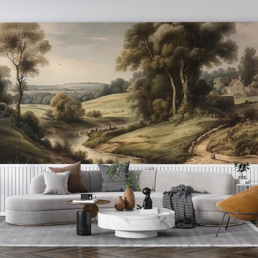 Rural Oil Painting Wallpaper Mural – Scenic Countryside Landscape Wall ...