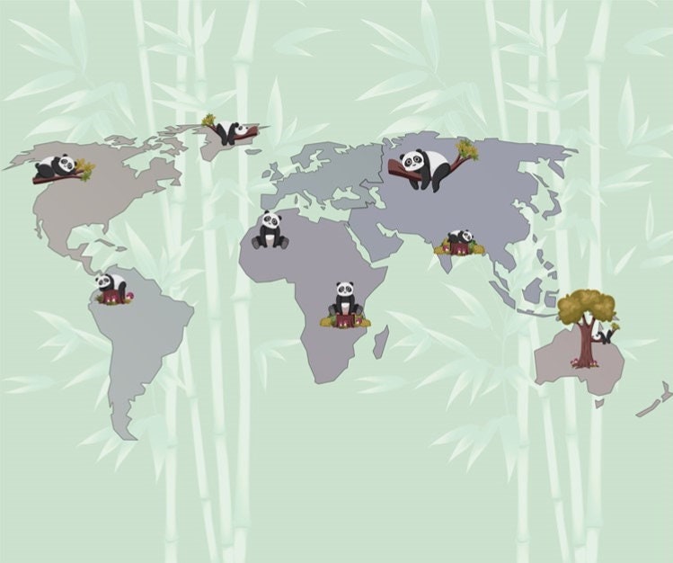 Pandas World Map Kids Wallpaper Mural, Eco-friendly Nursery Wall Decor ...