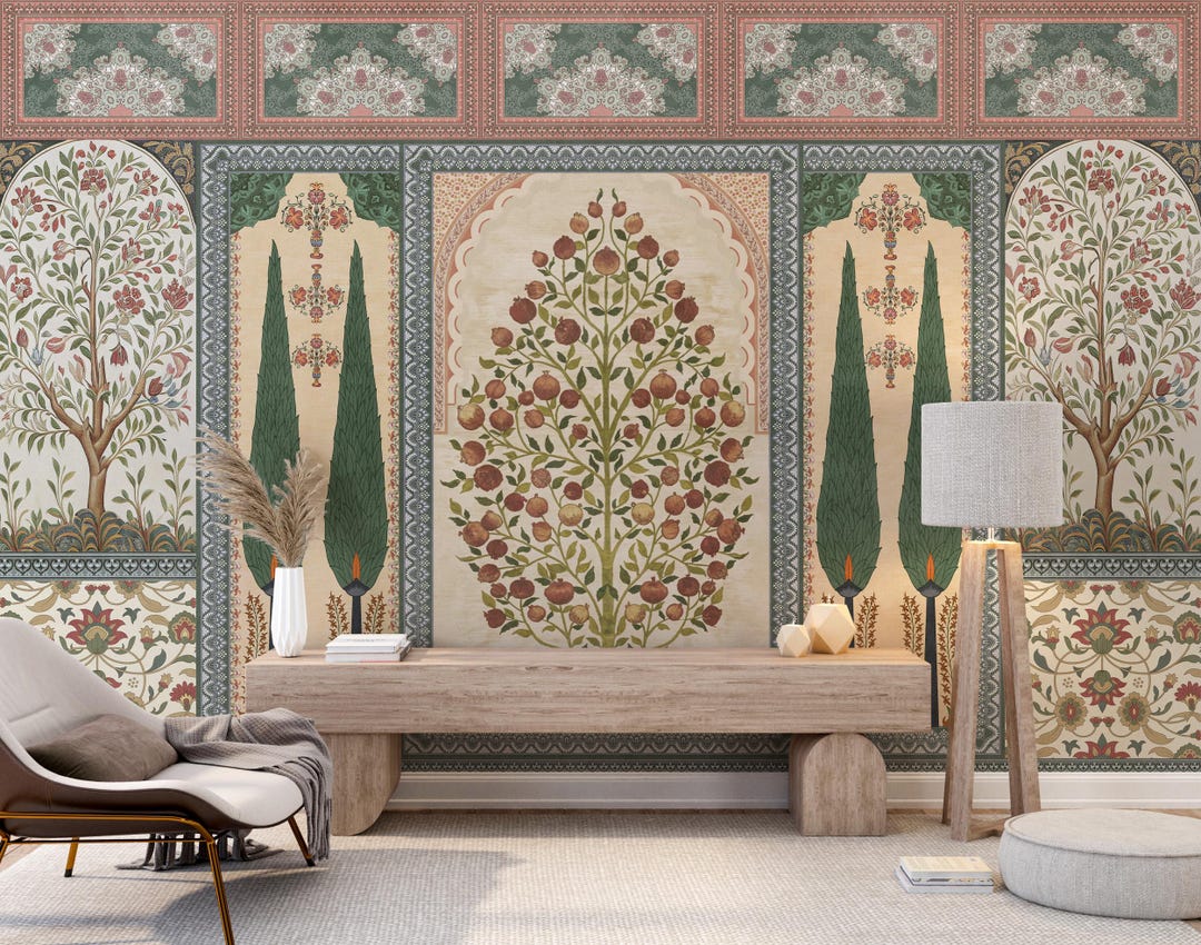 Mughal Garden Tree of Life Wall Mural | Indian Heritage Botanical Panel ...
