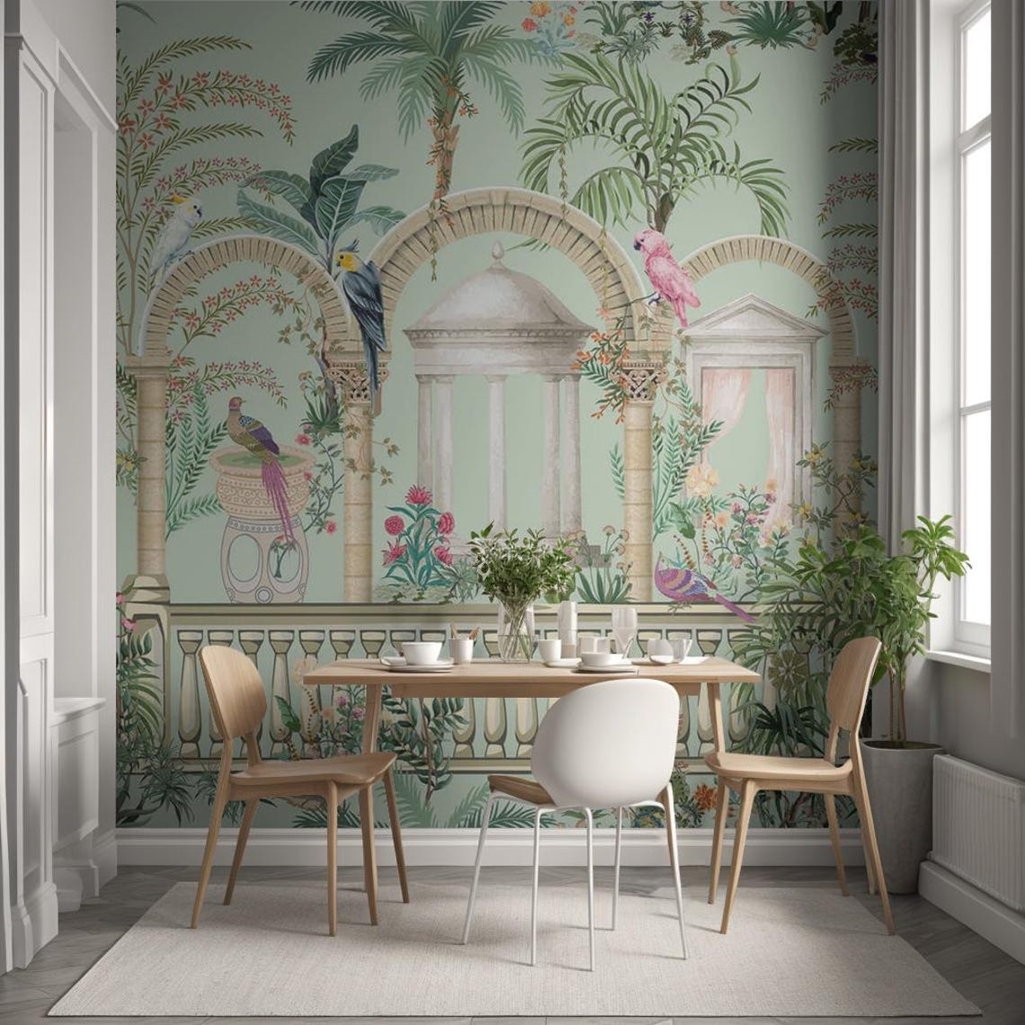 Mughal Wallpaper With Garden Arch, Parrot & Roman Palace Accents – Rich ...