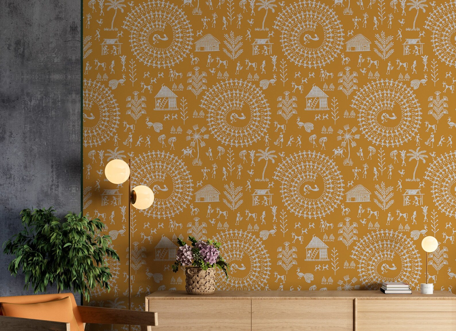 Indian Tribal Warli Art Wallpaper Mural, Ethnic Warli Folk Art Canvas ...