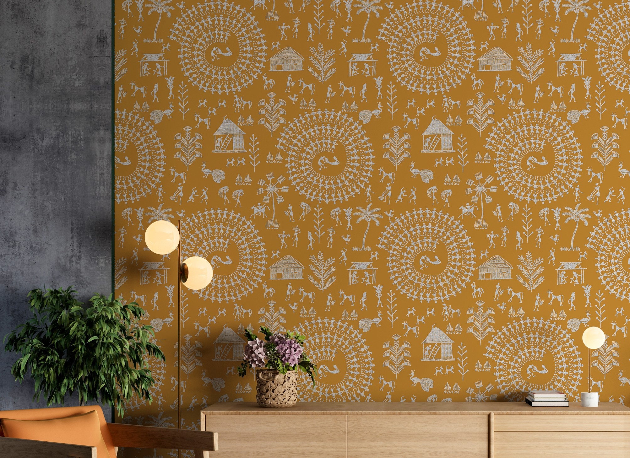 Indian Tribal Warli Art Wallpaper Mural, Ethnic Warli Folk Art Canvas ...