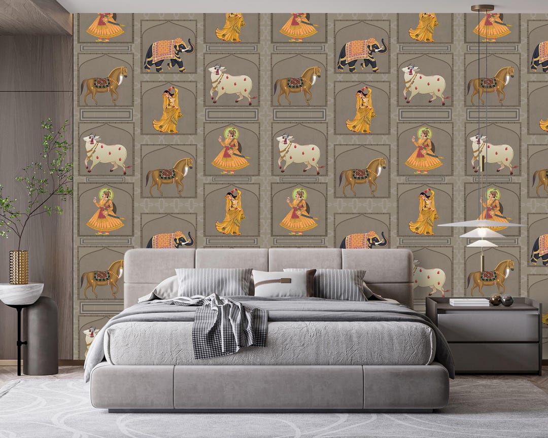 Royal Indian Elephant and Cow Wallpaper | Mughal Rajasthani Miniature ...