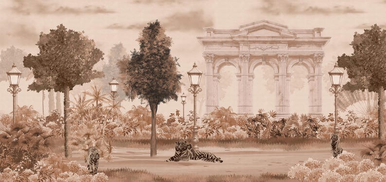 Sepia Tiger British Colonial Wallpaper Mural, Vintage Jungle Landscape ...