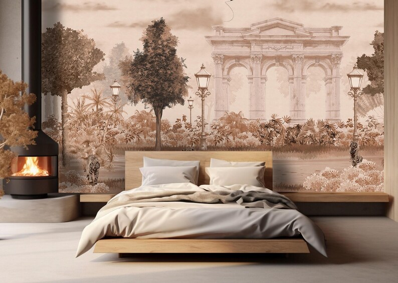 Sepia Tiger British Colonial Wallpaper Mural, Vintage Jungle Landscape ...