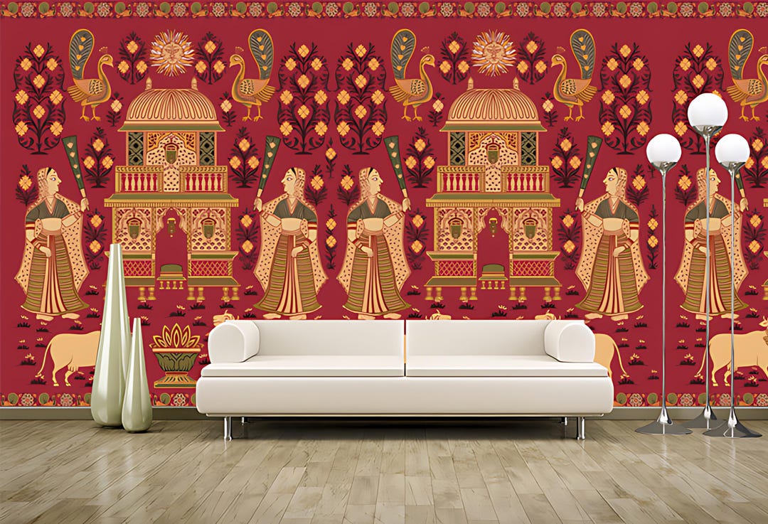 Indian Folk Art Pichwai Wallpaper Mural Indian Woman Old Painting Mural ...