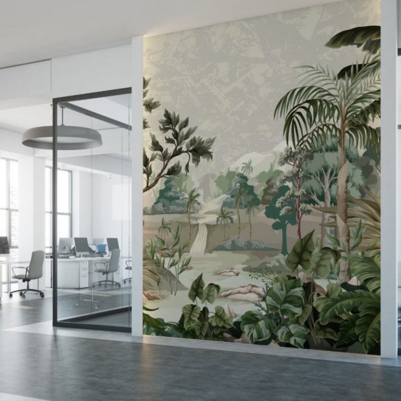 Tropical Rainforest Waterfall Wallpaper, Jungle Greenery Wall Mural, Forest Trees and River Art ...