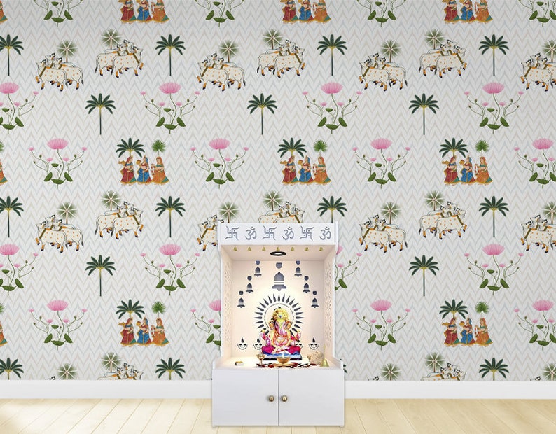 Indian Pichwai Wallpaper for Pooja Room, Pichwai Cow & Lotus Mural ...