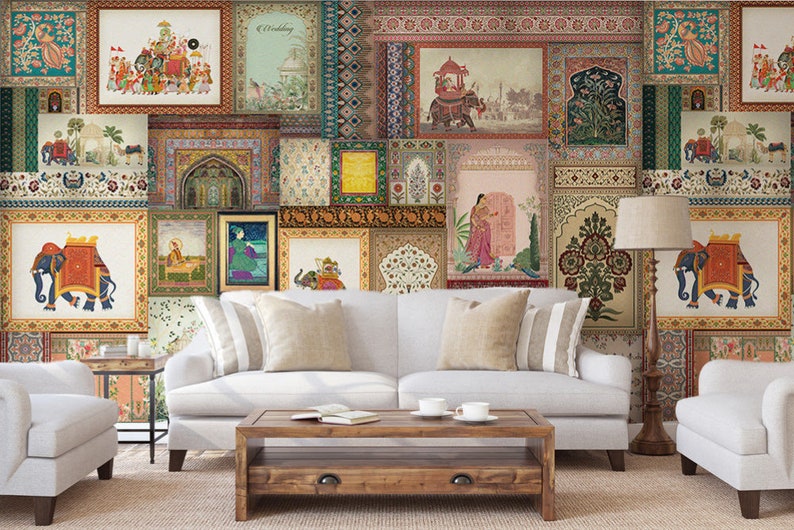Vintage Indian Wallpaper Mural, Indian Art Collage Wallpaper, Mughal ...