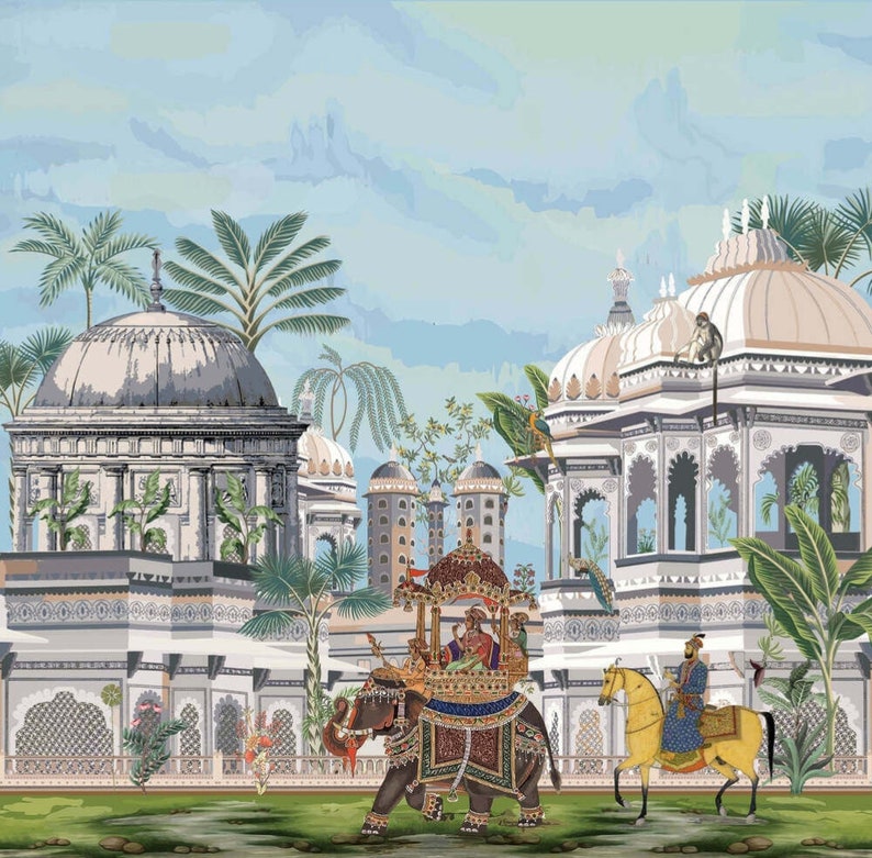 Mughal Emperor and Queen Elephant Wallpaper Mural, King Queen Riding ...